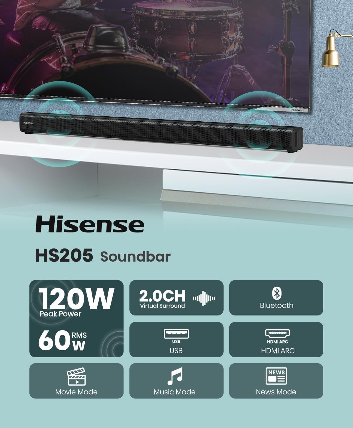 Hisense HS205 Soundbar 2.0CH 60W Bluetooth HDMI ARC/Optical/Aux/USB 3 ...